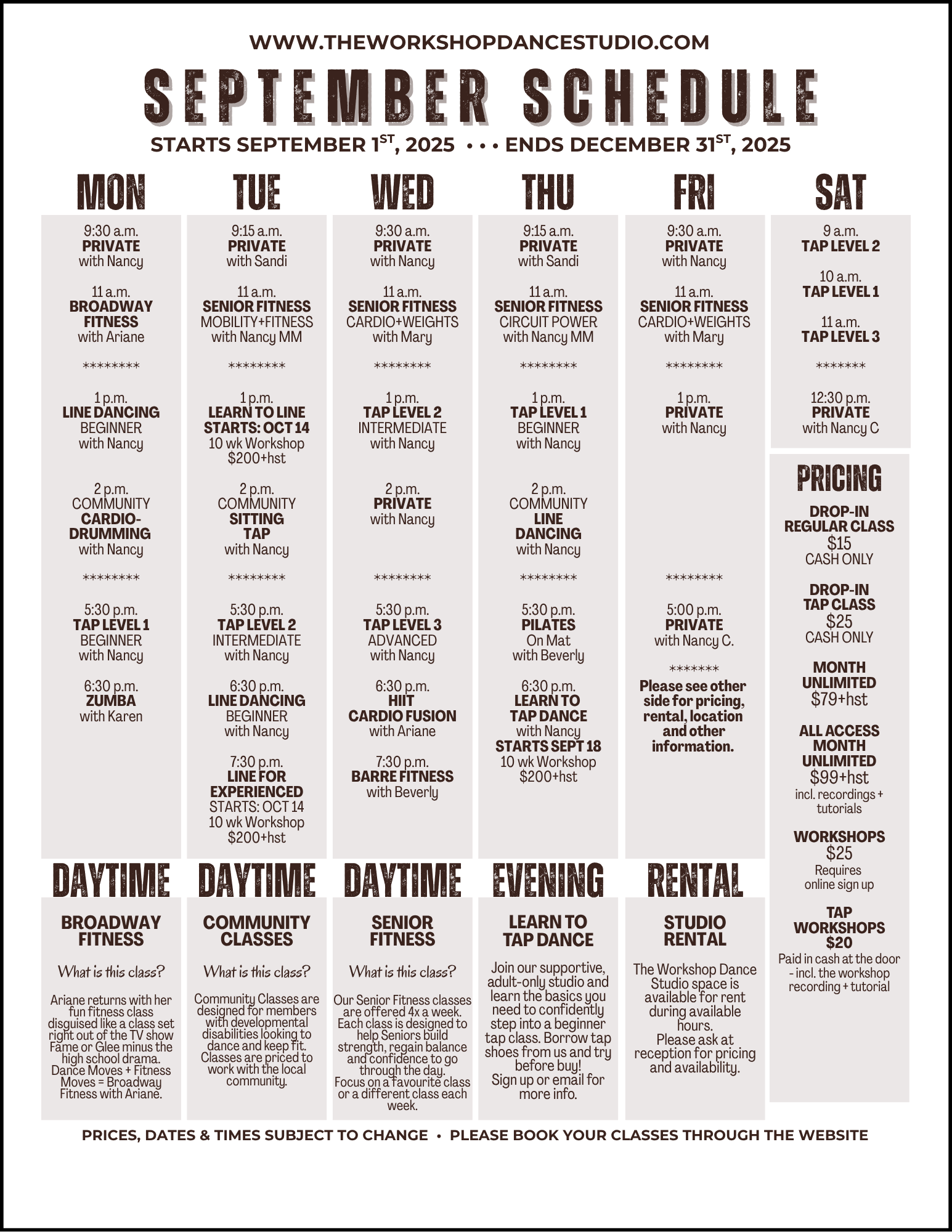 Class Schedule-Sept ‘2025 – The Workshop Dance Studio